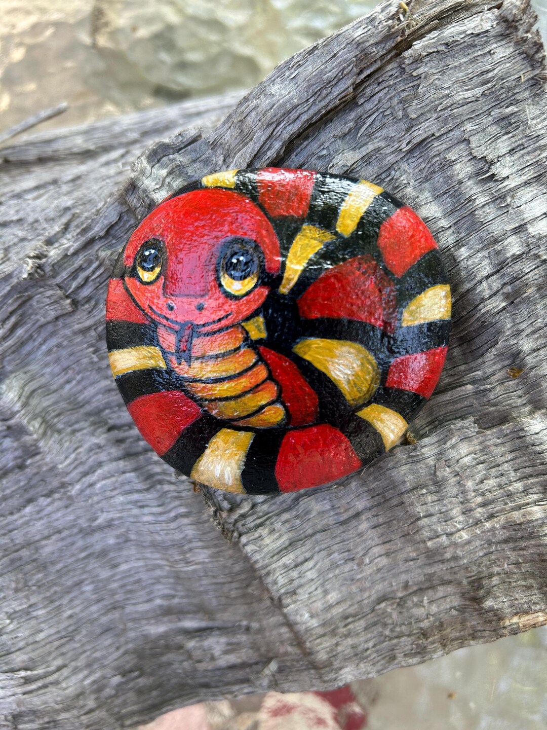 Hand-painted Coiled Snake Rock: Red, Gold & Black Animal Art - Etsy