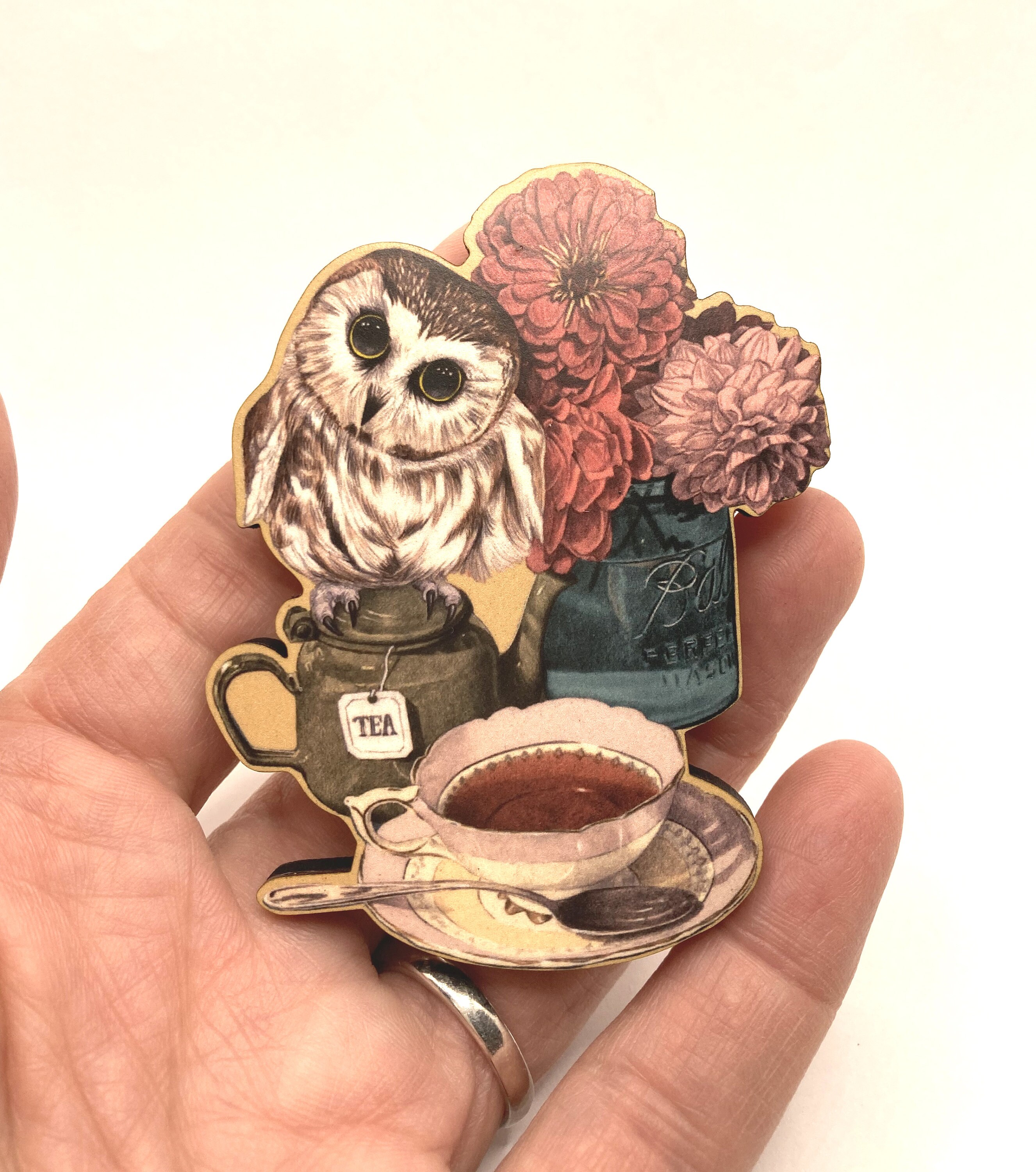 Saw Whet Owl Zinnia Flowers Wooden Pin Wood Badge Pin - Etsy