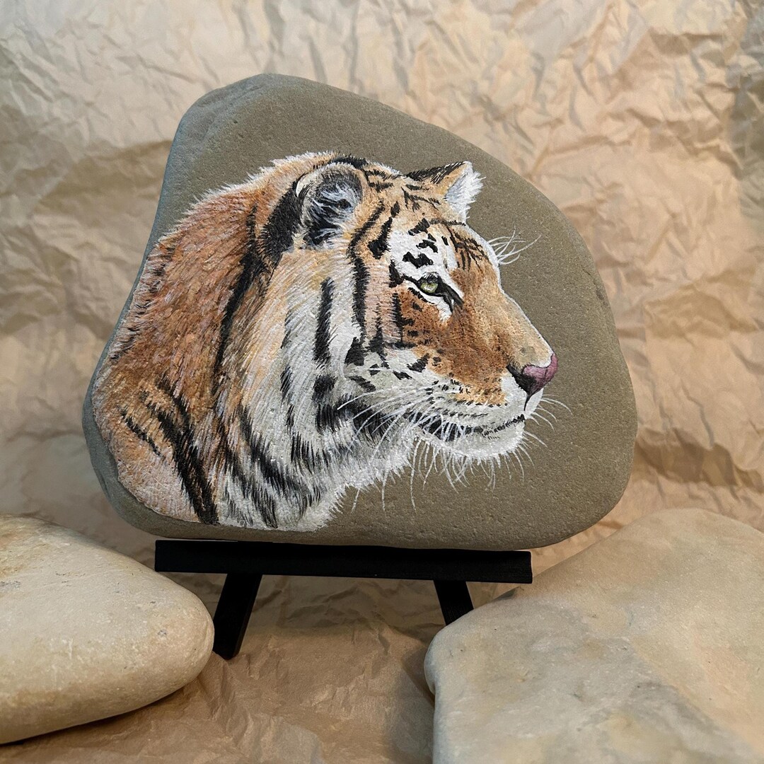 Hand Painted Tiger Rock, Realistic Wildlife Art, Animal Lover Gift ...