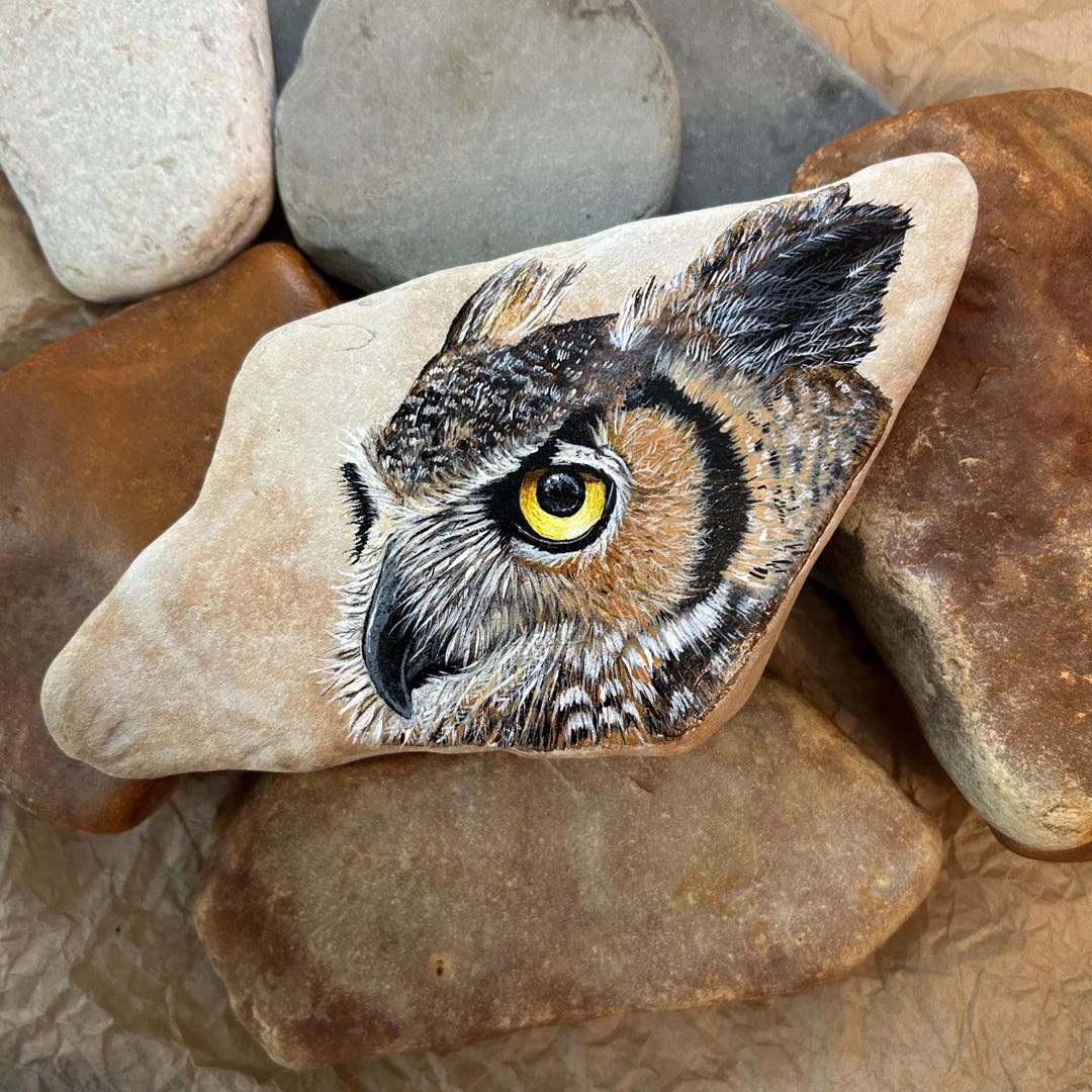 Realistic Great Horned Owl Painted Rock Hand Painted Wildlife Art ...