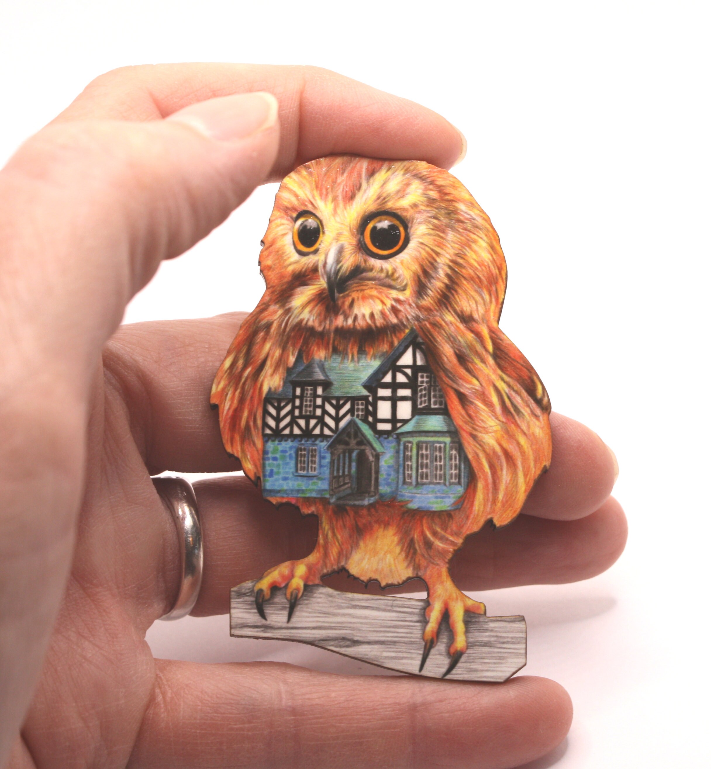 Bird House Saw Whet Owl Feathers Wooden Pin Brooch Pin - Etsy