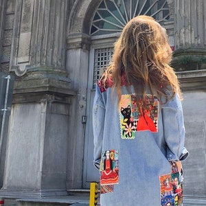 Patchwork Denim Jacket, Cat Printed Coat, Personalized Clothing for ...