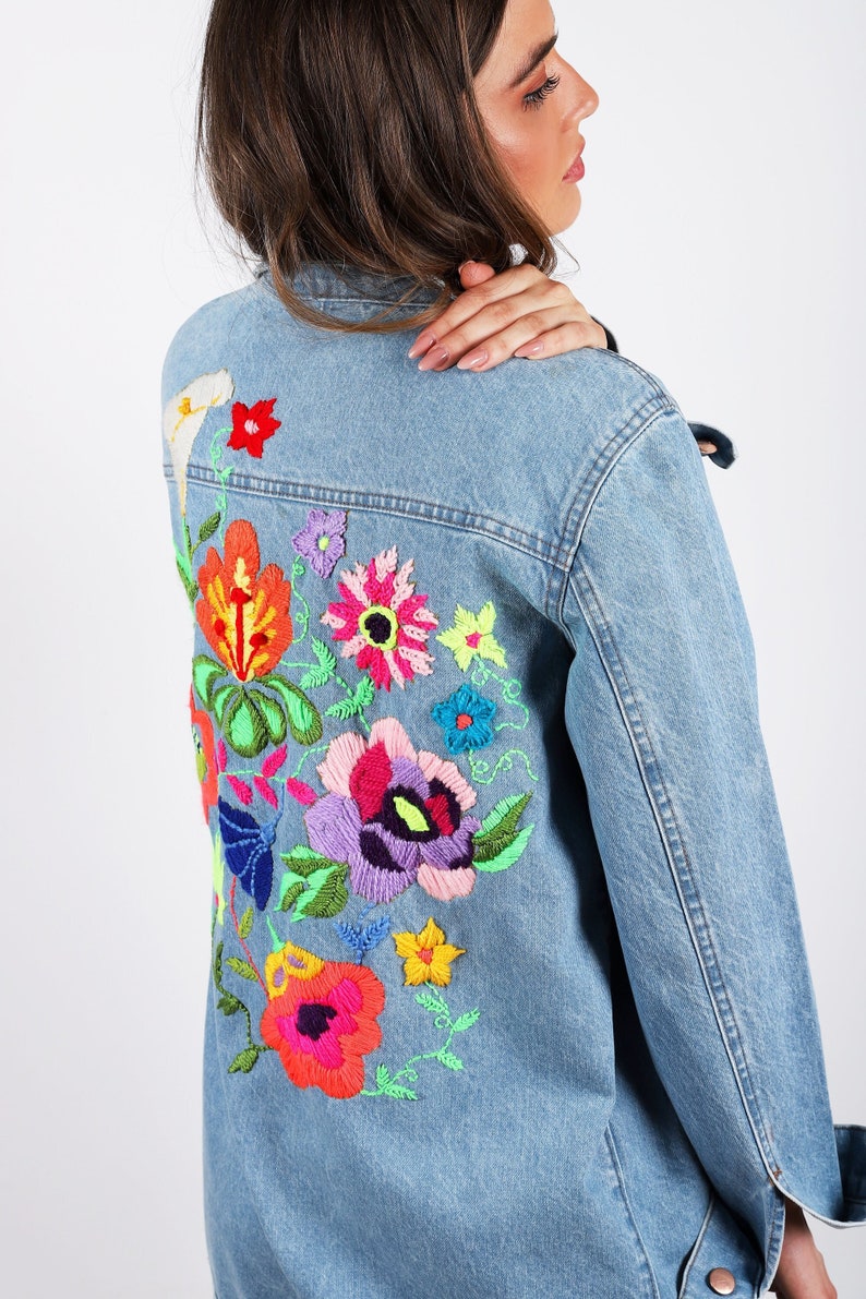 Custom Denim Jacket, Flower Pattern Hand Embroidered Denim Jacket ...