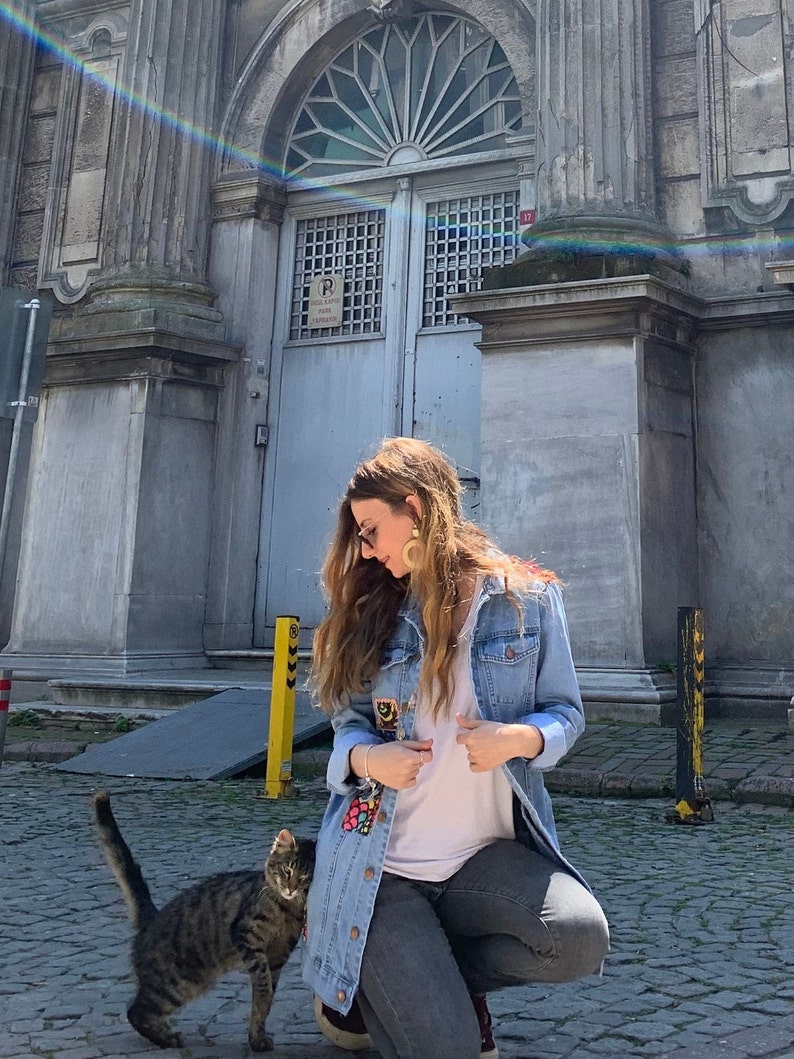 Patchwork Denim Jacket Cat Printed Coat Personalized - Etsy