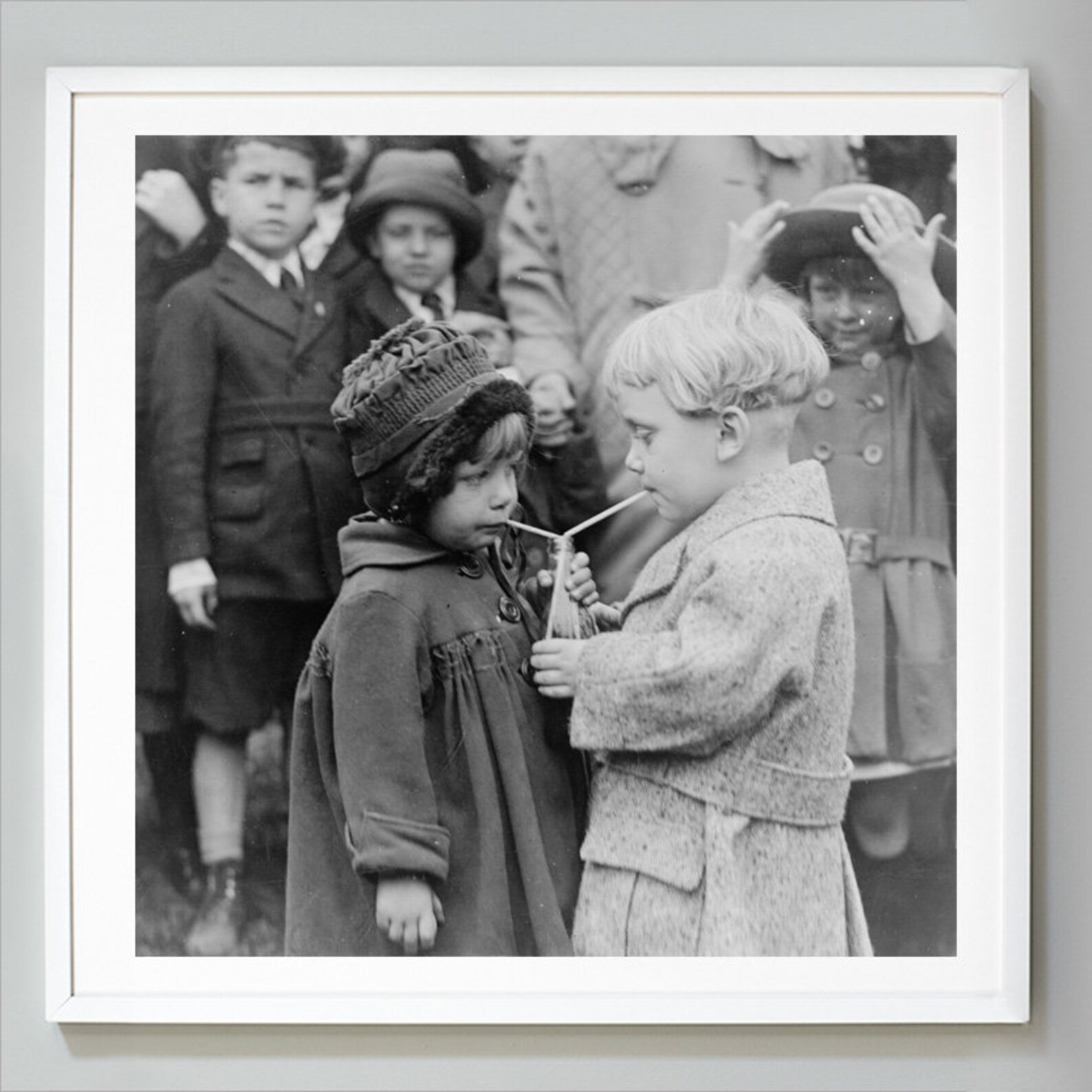 Friendship Print, Kids Sharing A Soda, Vintage Kids, Black and White ...