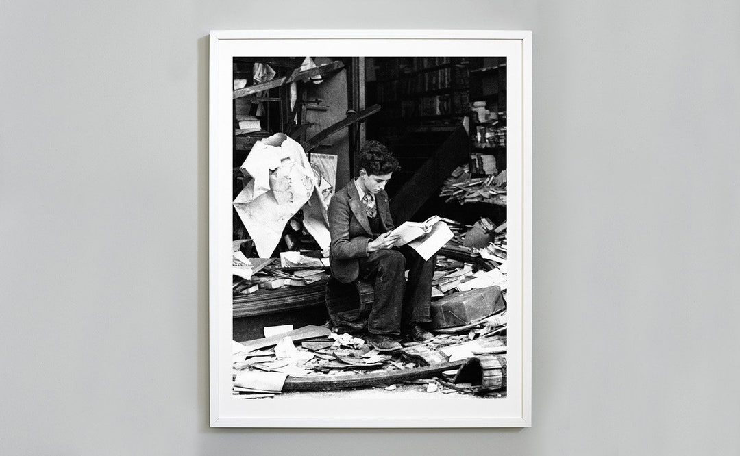 Boy Reading in Bookshop Rubble Print, London Bookshop, Black and White ...