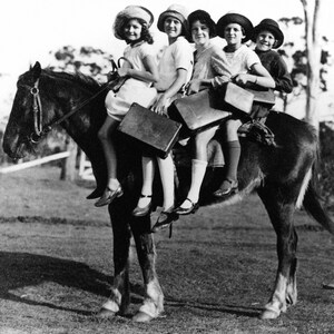 Girls Riding Horse to School Print, Schoolgirls, First Day of School ...