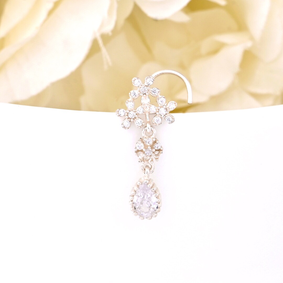 925 Sterling Silver Dangle Nose Rings 5mm Drop Shape CZ Clear Diamond ...