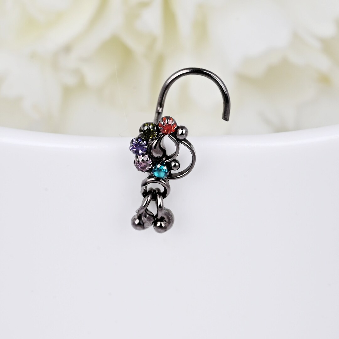 Colorful Gems With Dangling Balls Black Nose Ring - Etsy