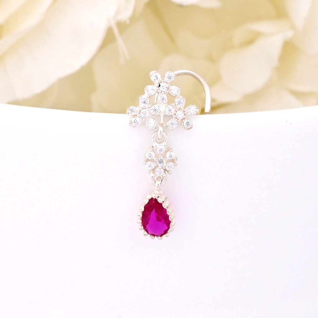 925 Sterling Silver Dangle Nose Rings 5mm Drop Shape CZ Ruby Gemstone ...