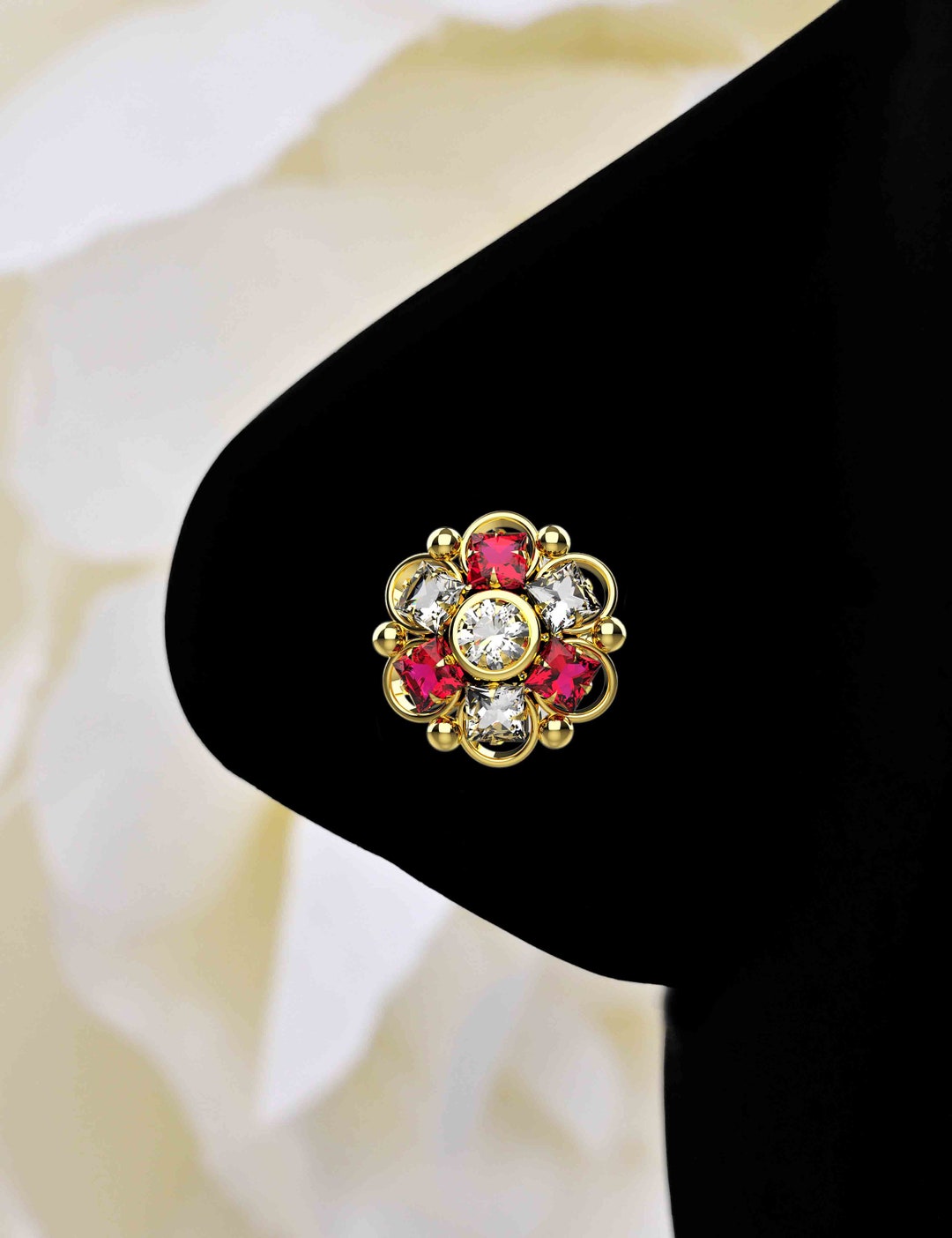 Cool Nose Stud Gold in Ruby Gemstone Floral Design Crystal Diamond Nose ...