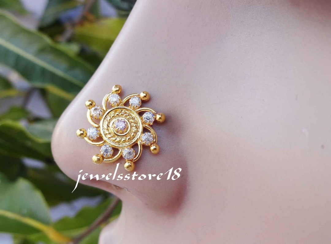 22k Gold Plated Baby Pink Stone Nose Stud Big Flower Indian - Etsy