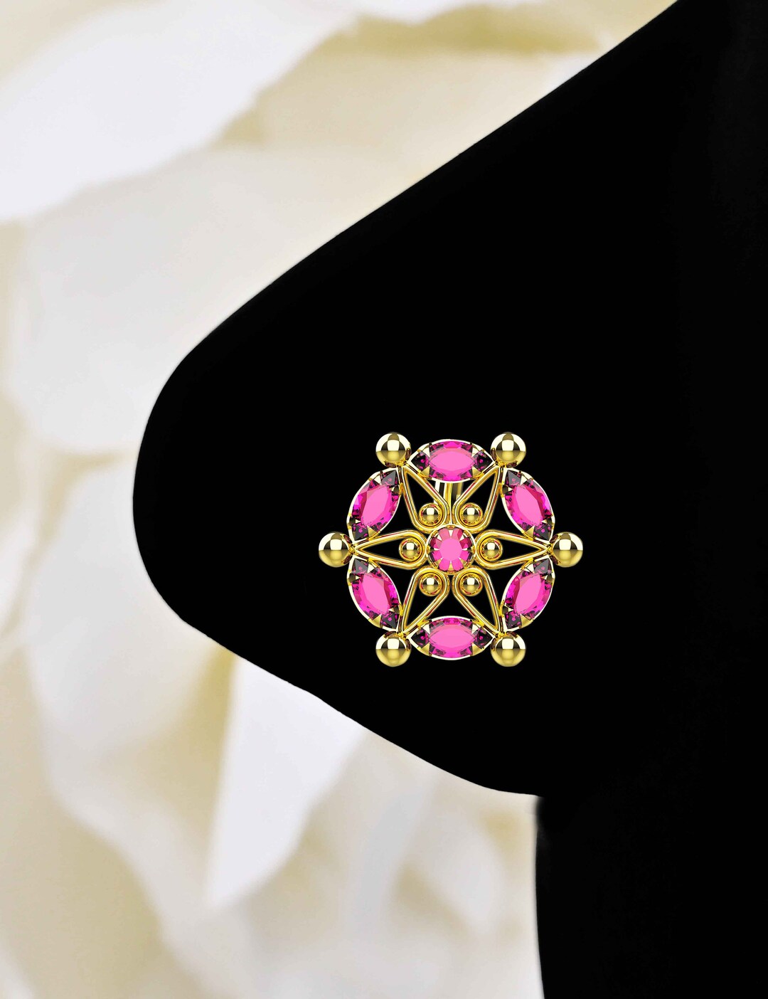 2mm/3mm Natural Ruby Gemstone Big Nose Stud Floral Shape 9K Gold Plated ...