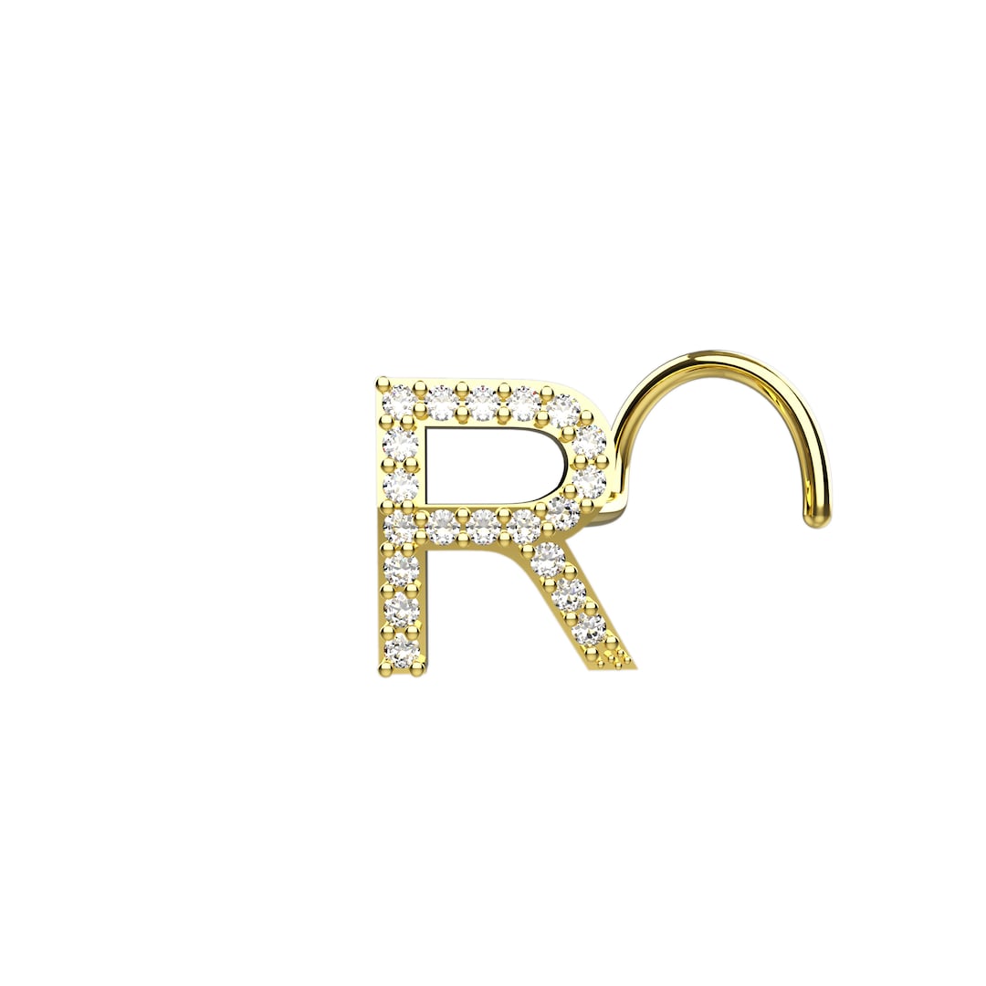 22k Gold Initial Letter R Crystal Tiny Gems Clear Nose Stud Ring - Etsy