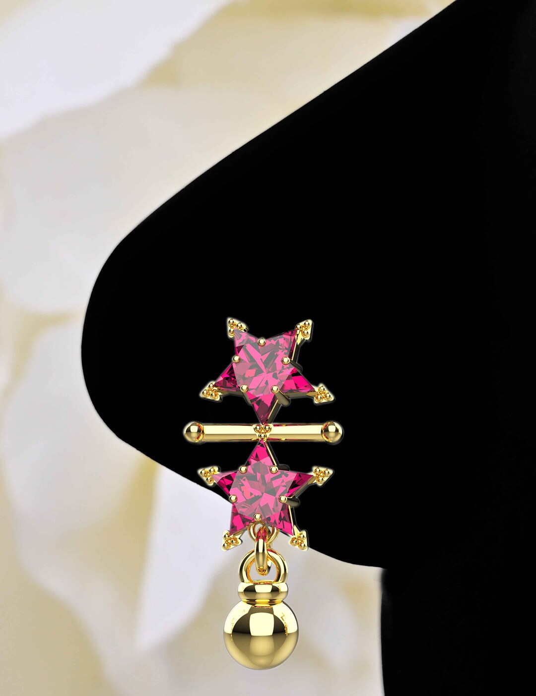 5mm Ruby Gems Double Star Nose Rings With Hanging Ball Nose Stud in 925 ...