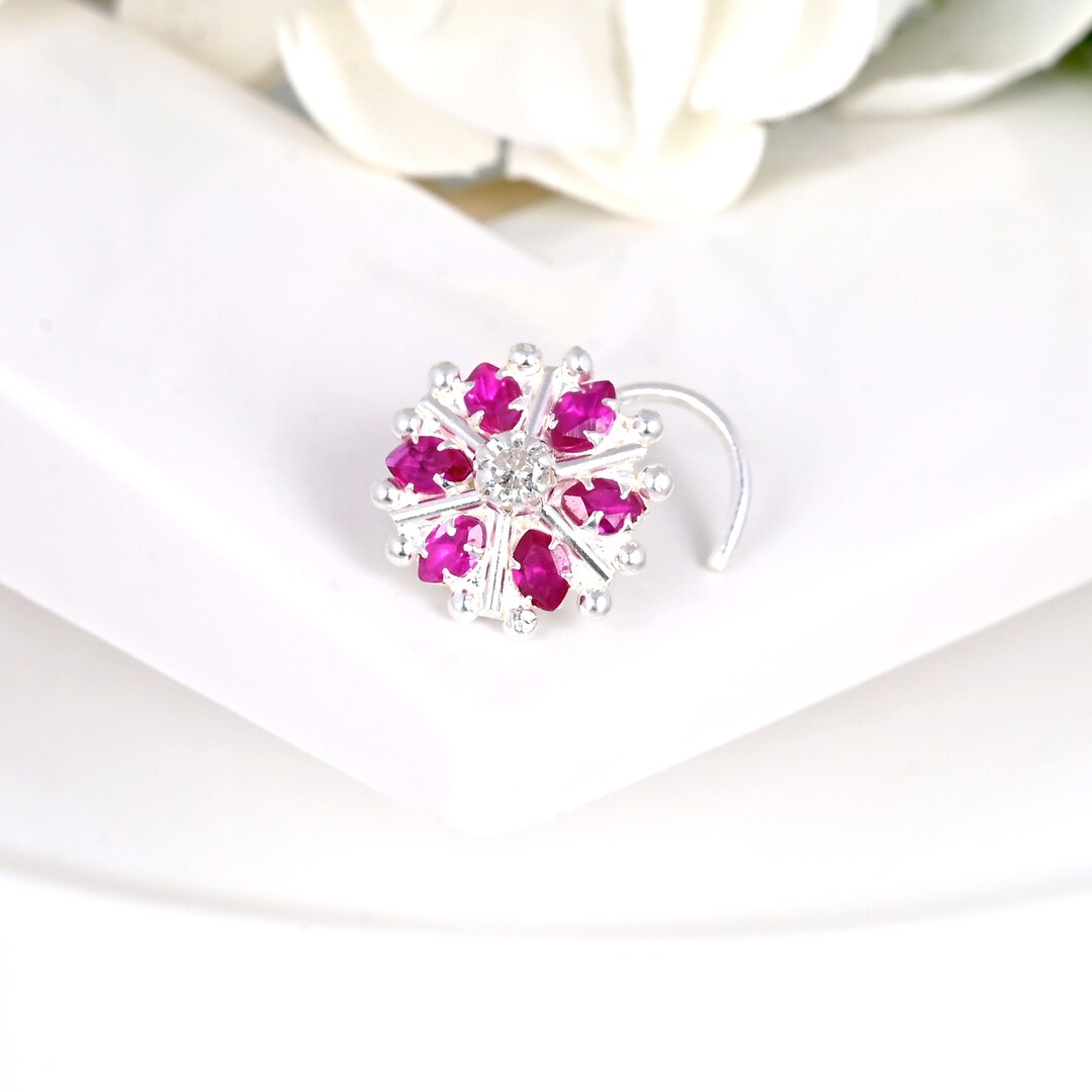 14K Solid White Gold Nose Piercing Red Flower 3mm Marquise CZ Ruby Gems ...