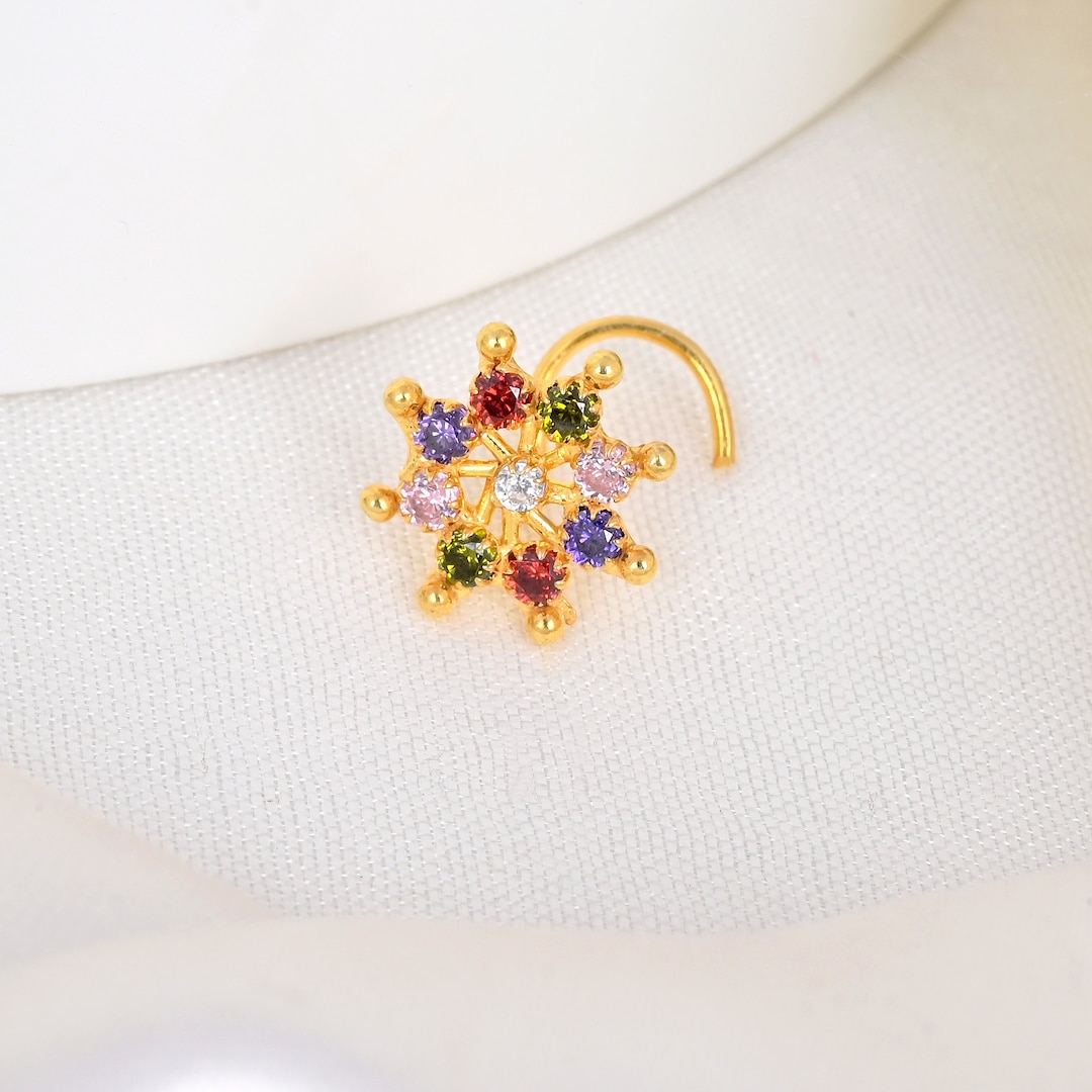 22k Yellow Gold Multi Stone Flower Nose Stud With Body Jewelry Daisy ...