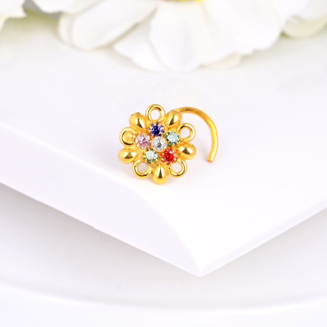 18k Gold Filled Colorful Gems Nose Ring Sparkle L-shaped Diamond Nose ...