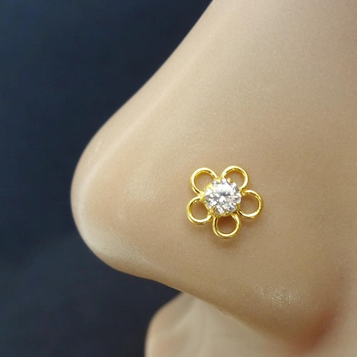 CZ Nose Ring Spring Nose Ring With Gold Chain Nath Indian | Etsy