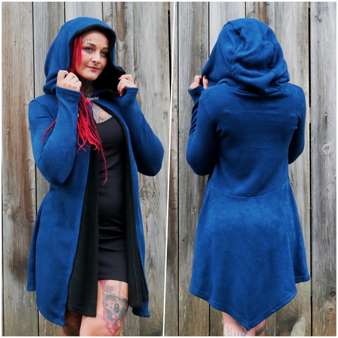 Long Cardigan Knitted Top Big Hoodie Thumb Holes Elven Blue and Black ...