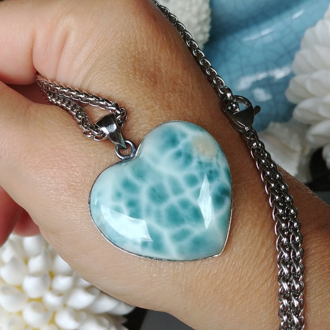 Natural Dominican Larimar Heart Pendant Necklace, Atlantis Stone ...