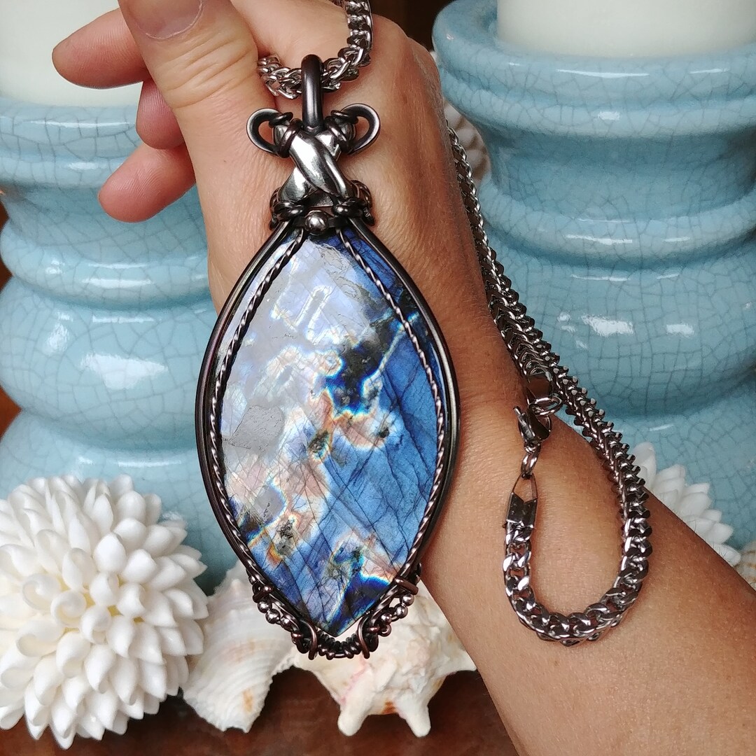 LEYNORY * Indigo Color Spectrolite Copper & Steel Wrapped Pendant ...