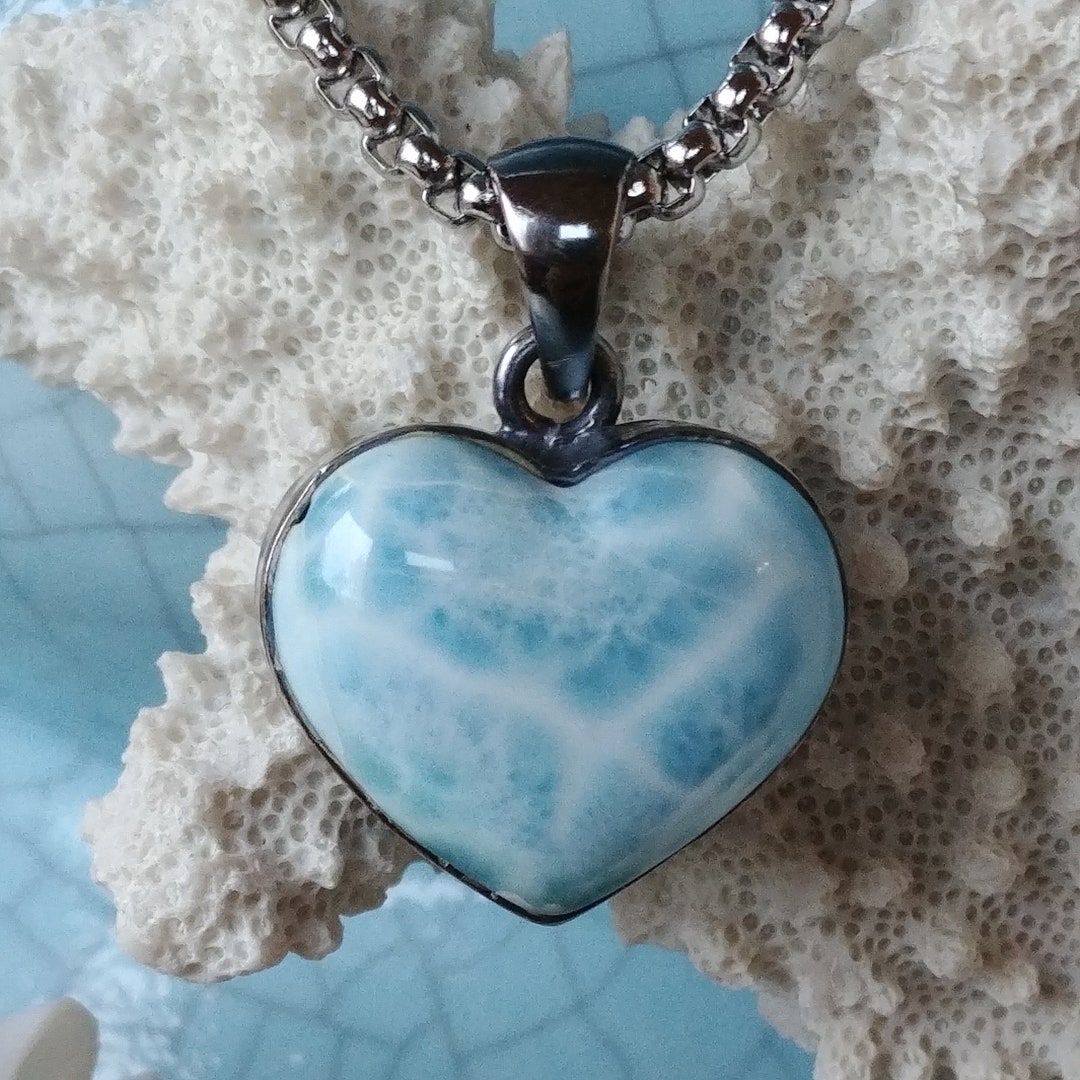 Mini Natural Dominican Larimar Heart Pendant Necklace, Atlantis Stone ...