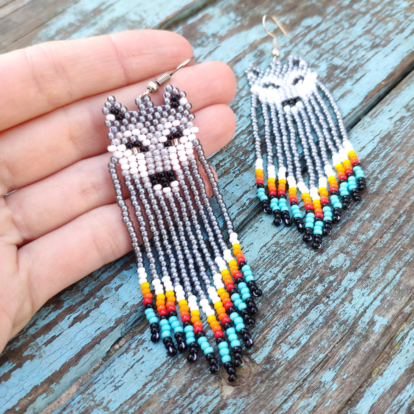 Wolf Seed Bead Earrings Tribal Beaded Earrings Grey Fringe - Etsy