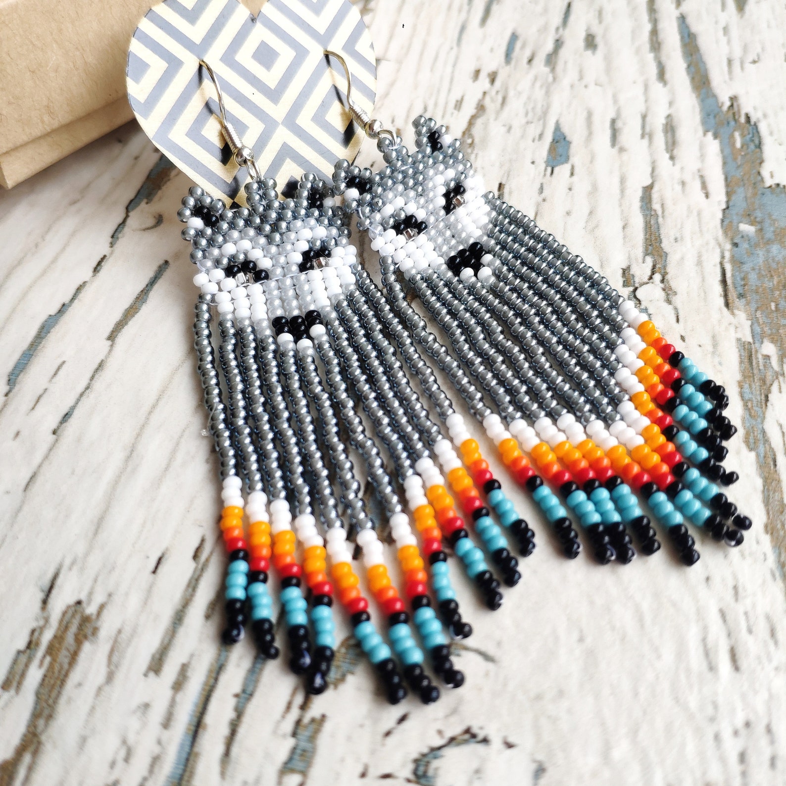 Wolf Seed Bead Earrings Tribal Beaded Earrings Grey Fringe - Etsy