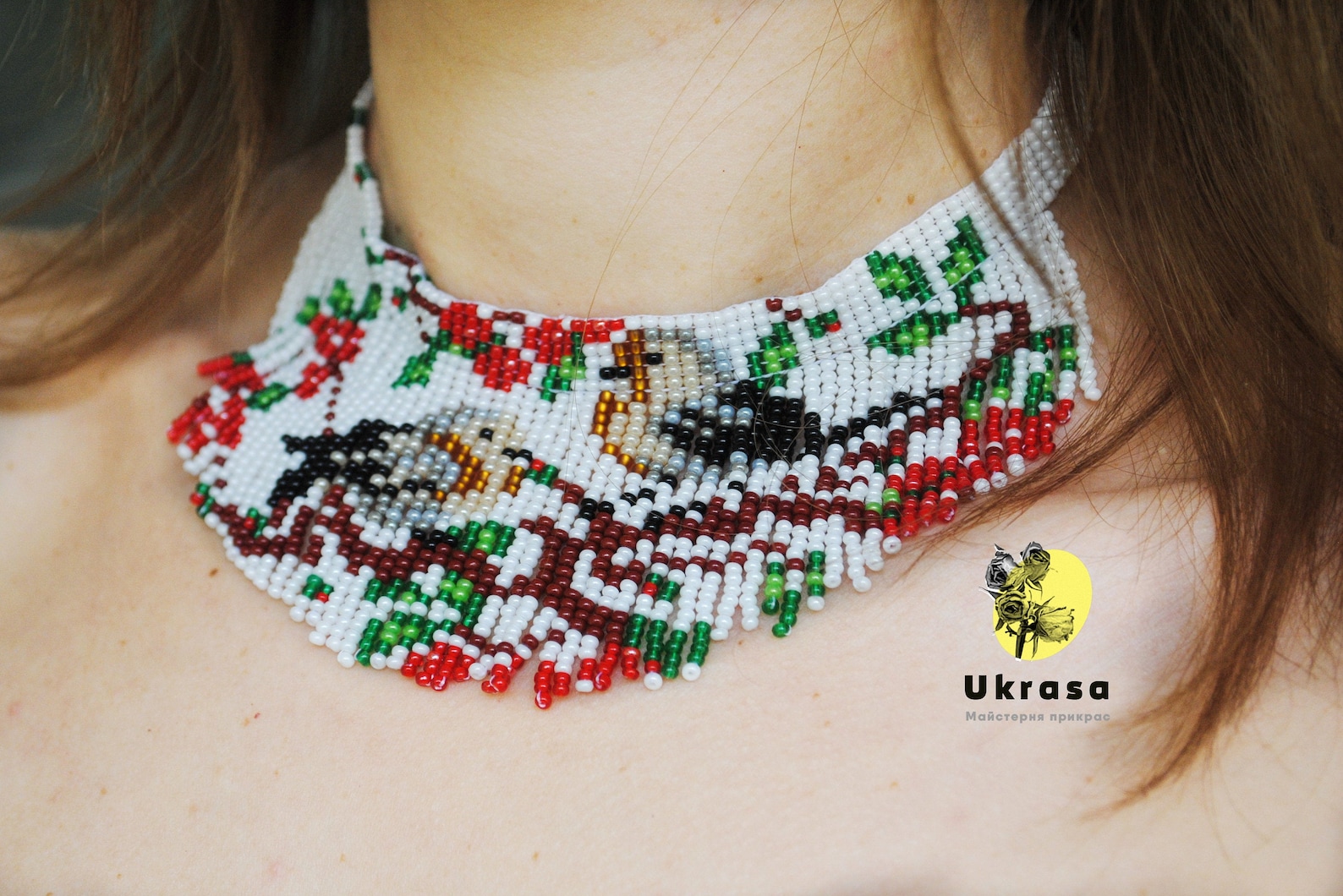 Bird choker necklace with fringe Beaded necklace Sparrow | Etsy