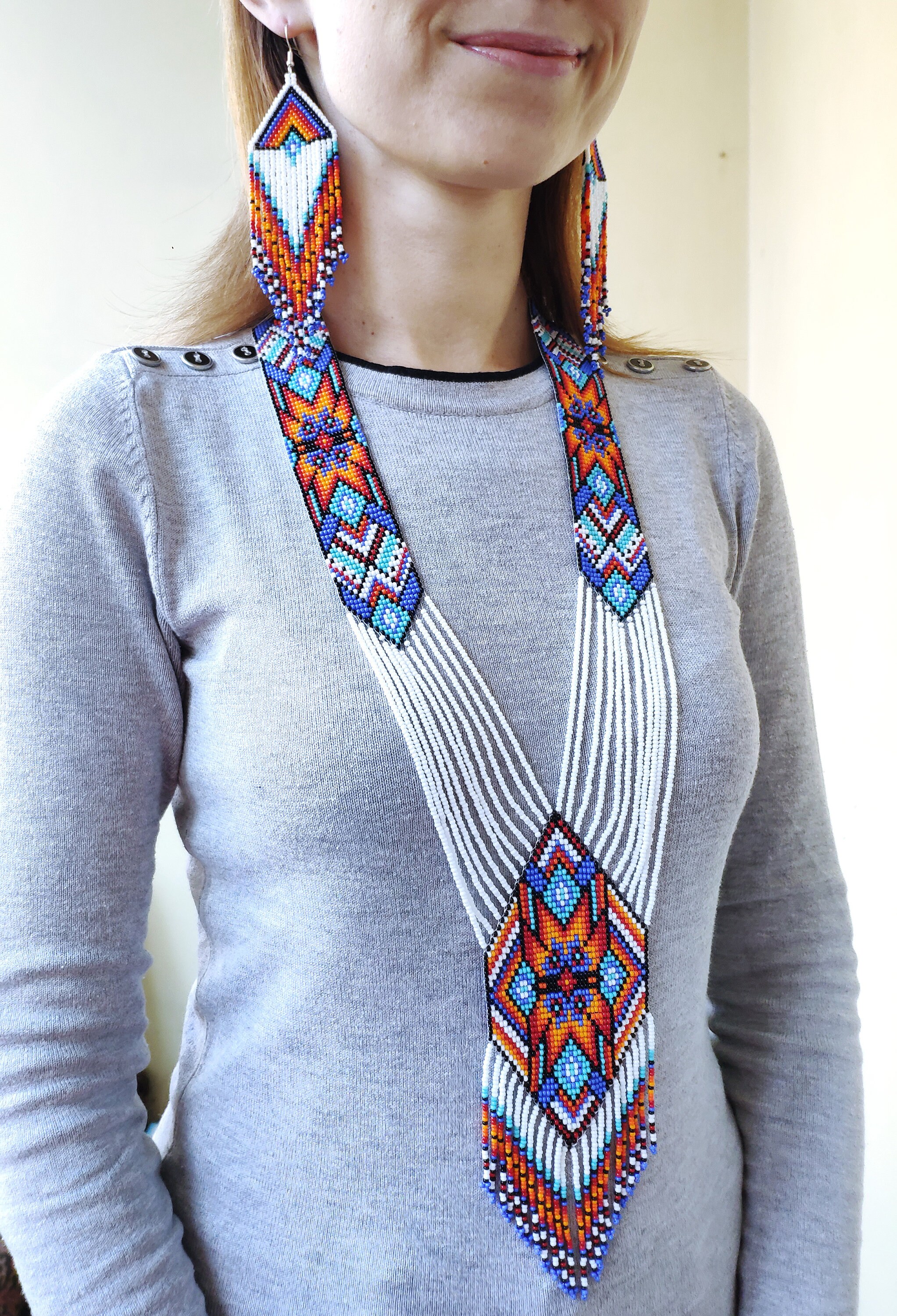 Native American beaded necklace Long seed bead necklace for | Etsy