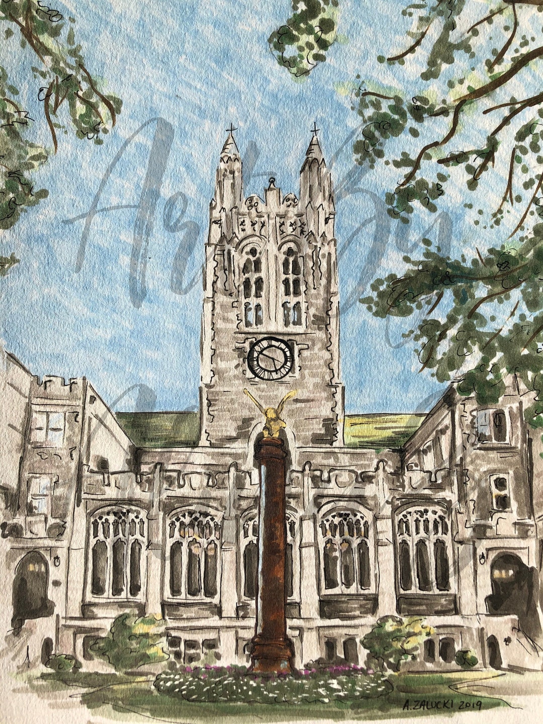 Boston College Gasson Hall Illustration Art Print Summer or Fall/winter ...