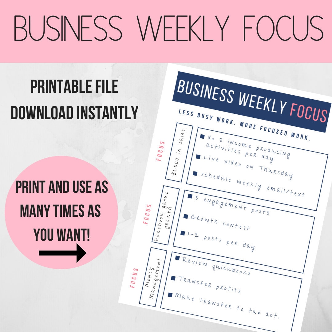 Business Weekly Focus Checklist / Planner Printable / Business ...