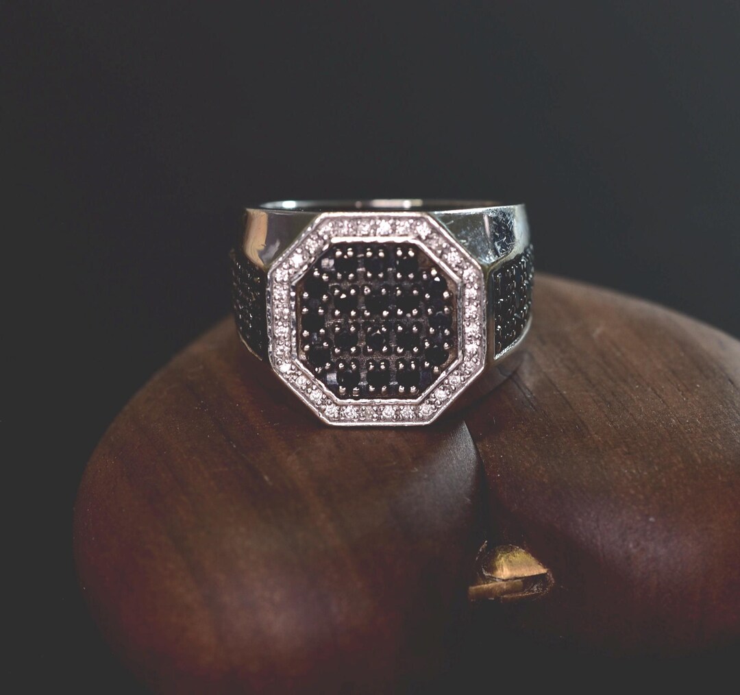 14 Karat Black and White Diamond Square Men's Ring - Etsy