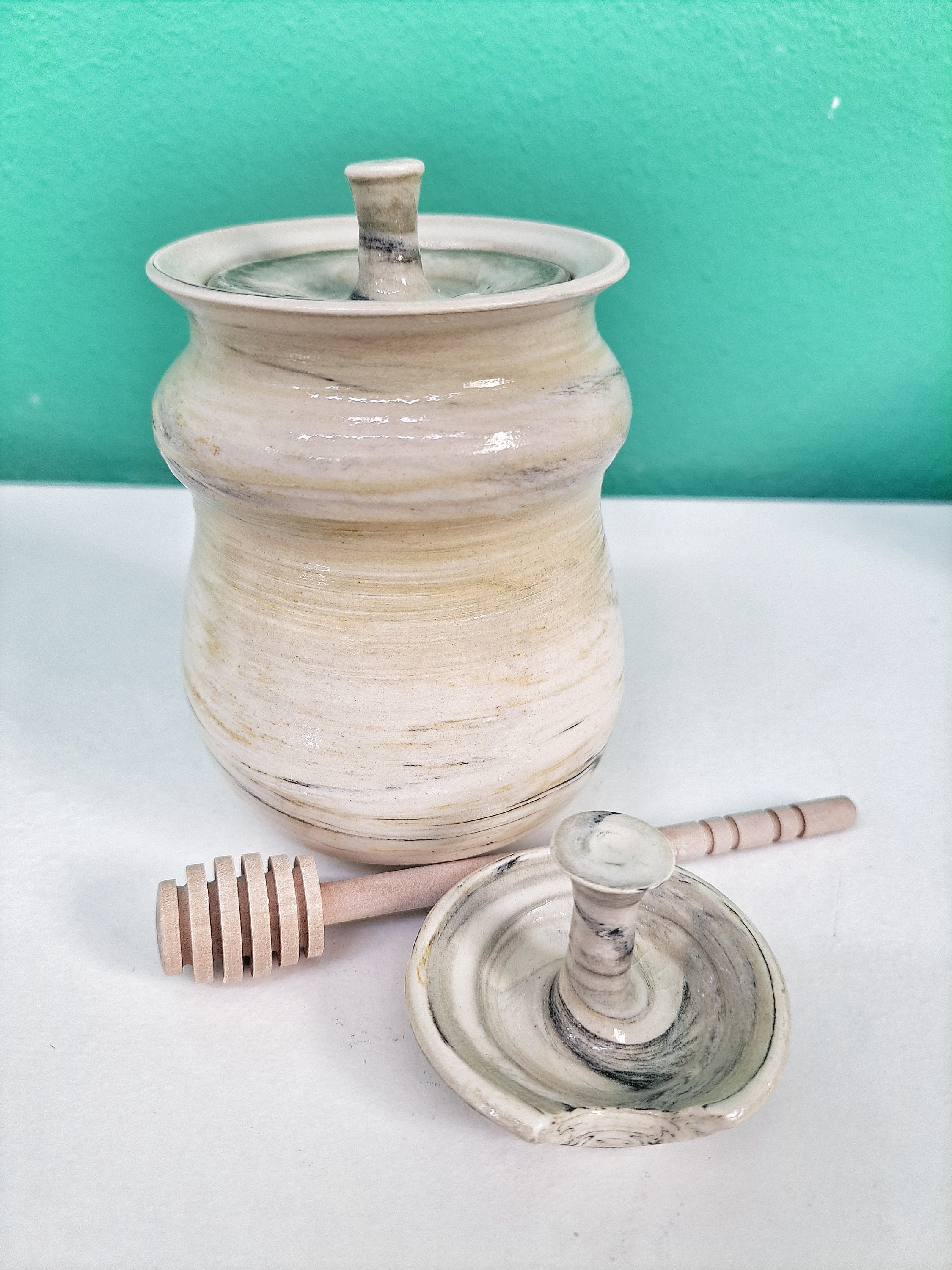 Ceramic Black and Yellow Honey Pot With Wooden Honey Stick - Etsy