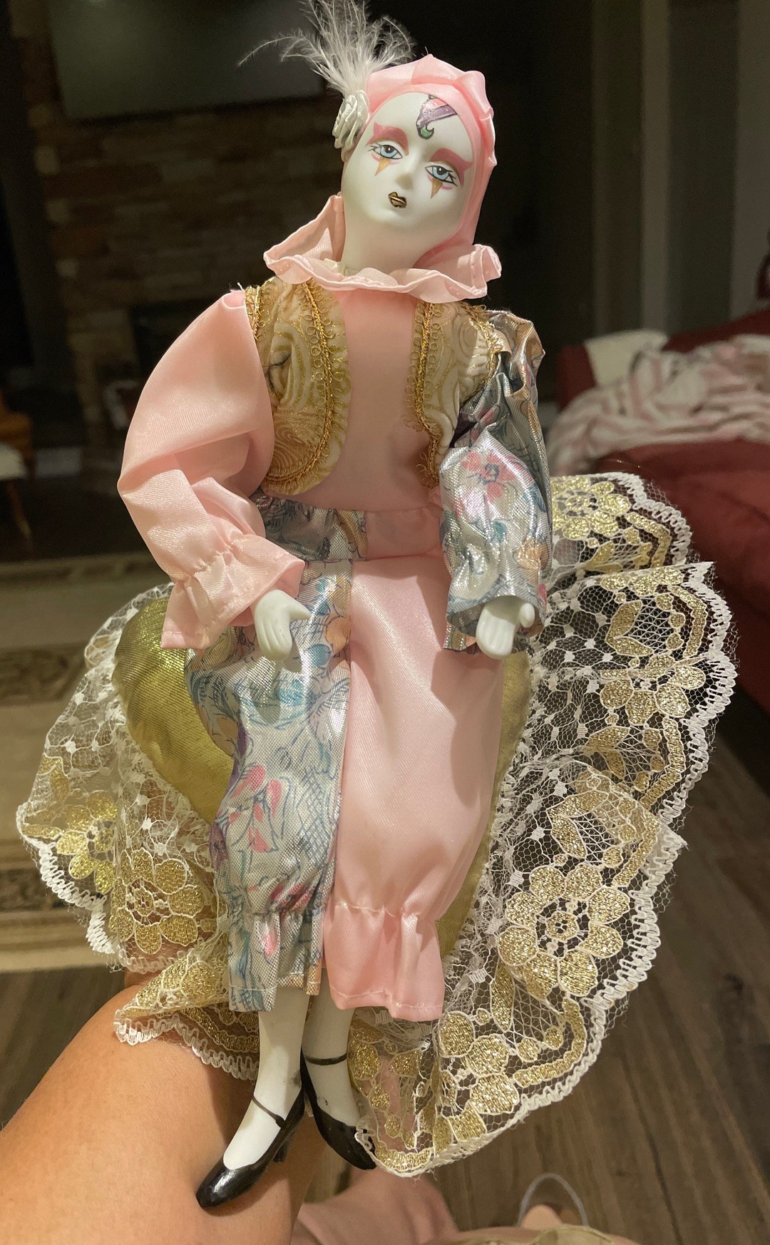 Pierrots Clown Wind Ip Music Box Lady Jester Porcelain Pink Gold Rare ...