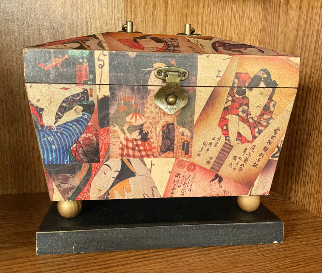 Vintage Wooden Japanese Motives Lacquered Anister Storage Boxes W/ Lid ...