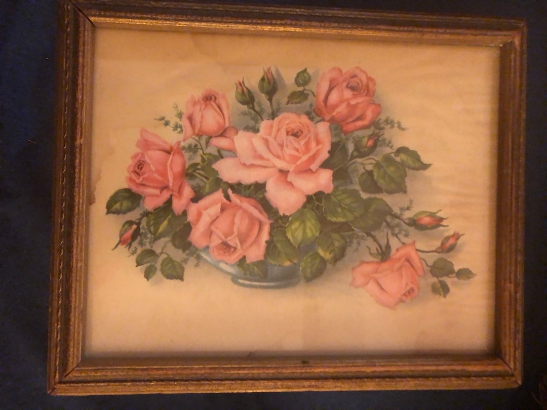 Antique 1900,s Pink Rose Wooden Jewelry Box Picture Frame in Glass Lid ...