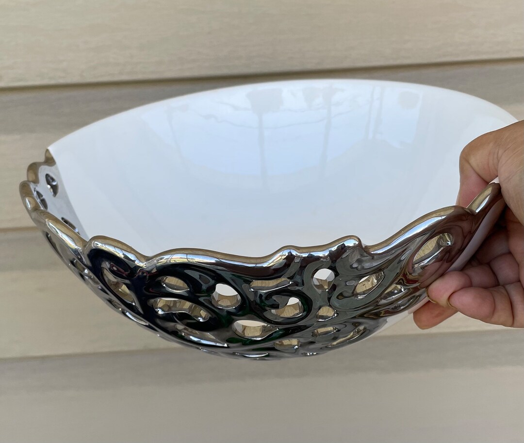 White & Silver Earthenware Seving Biwl by 222 Fifth Pts International ...