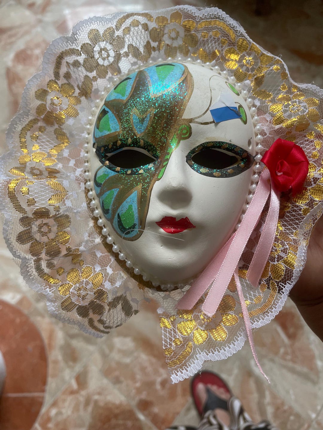 Vintage Mardi Gras Porcelain Mask Wall Decor Handpainted Gold Lace ...