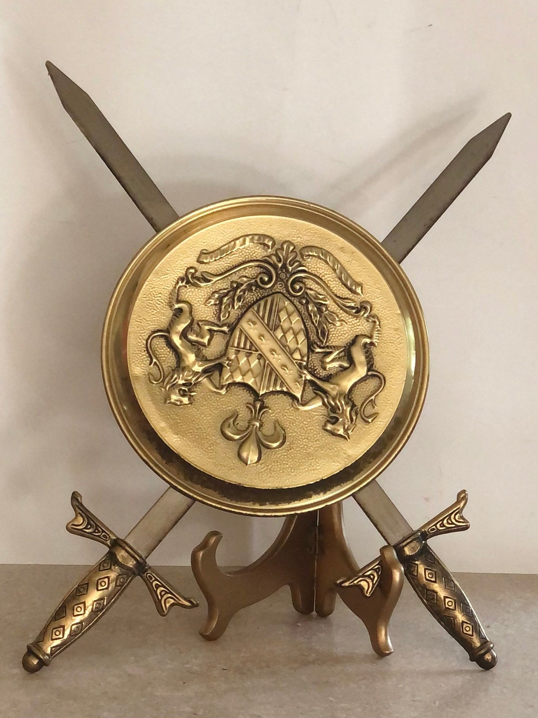 Vintage Brass Wall Shield W/ Cross Swords Fleur De Lis Central Design ...
