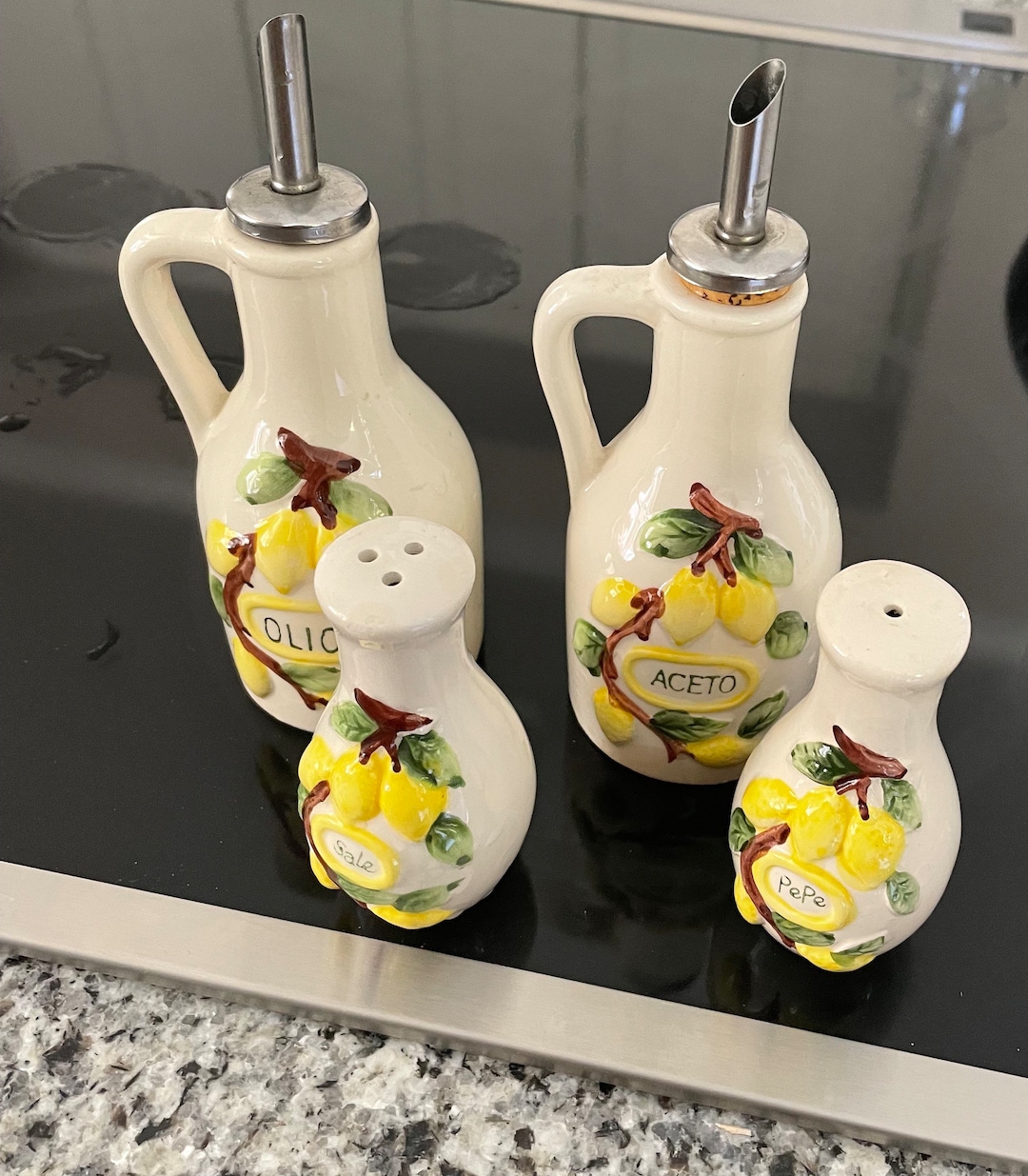 Vintage Hand Painted Oil & Vinegar Cruets W/ Salt /pepper Shaker Set ...