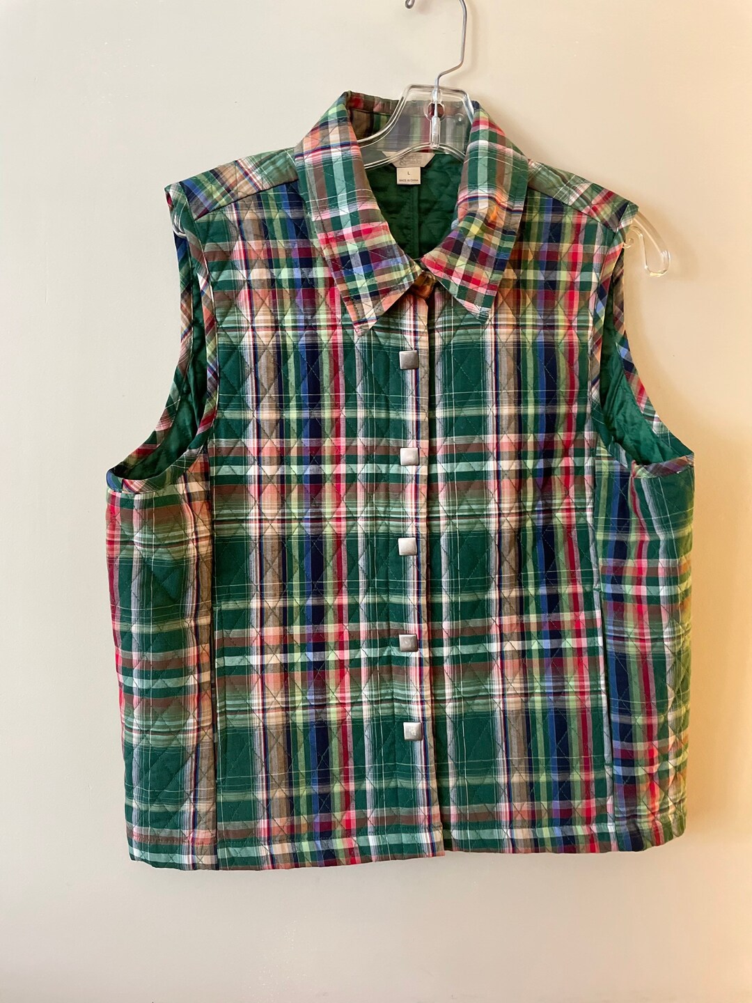 Christopher& Banks Plaid Green Button Jacket Quilted Large 100% Cotton ...