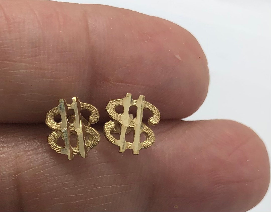 10K Yellow Solid Gold Money Sign Pair of Stud Earrings W/ Gold Push ...