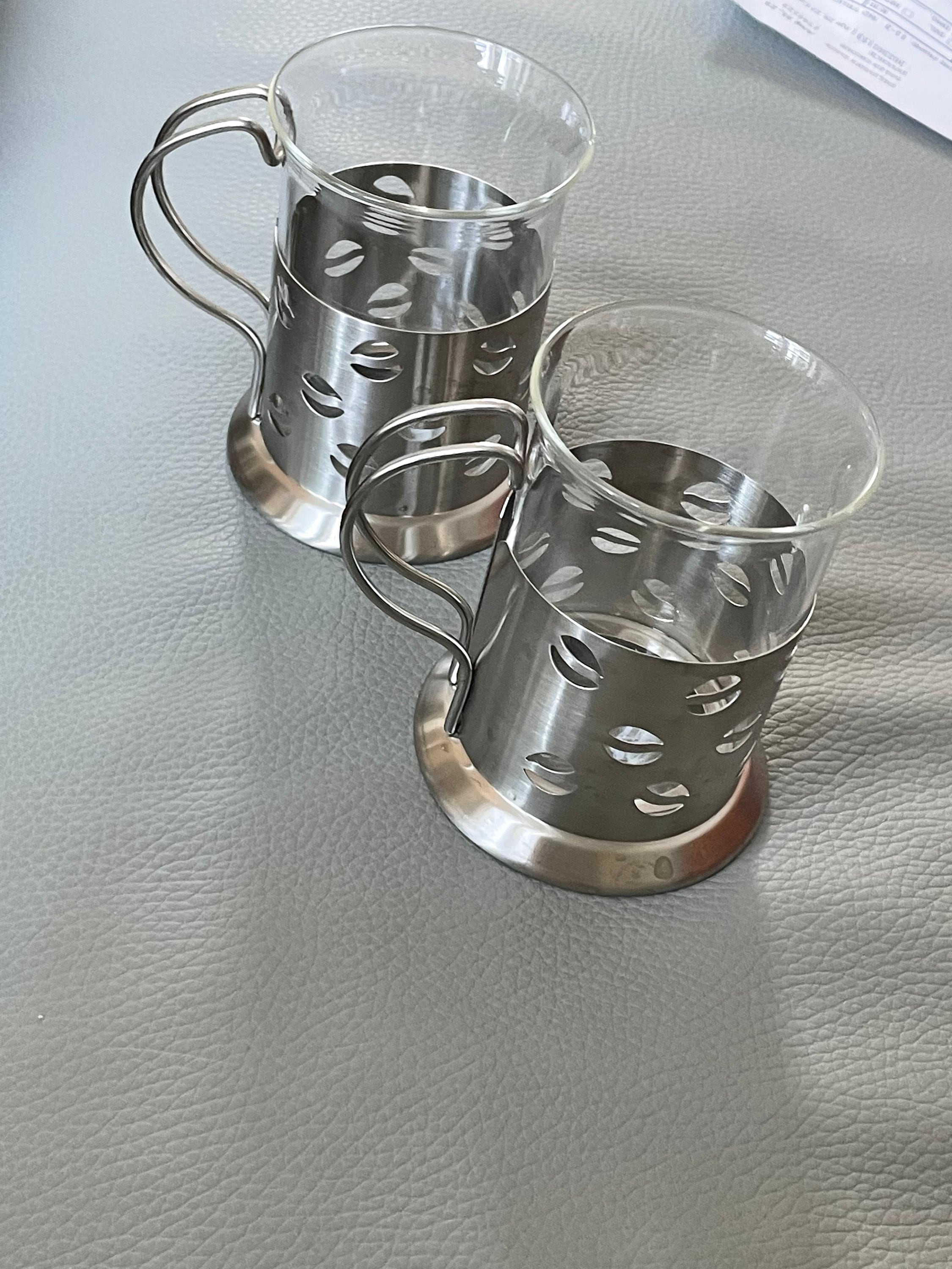 Vintage Set of 2 Glass Coffee Cups With Metal Handles Etsy UK