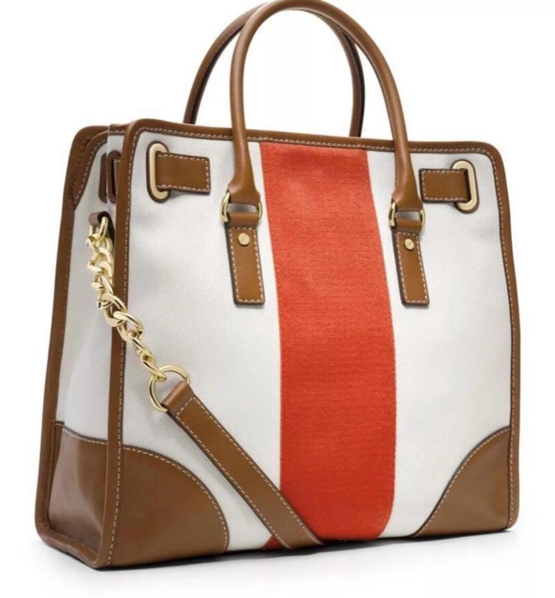 New Michael Kors Hamilton Large Mono Sttipe Satchel Bag Mandrin Brown ...