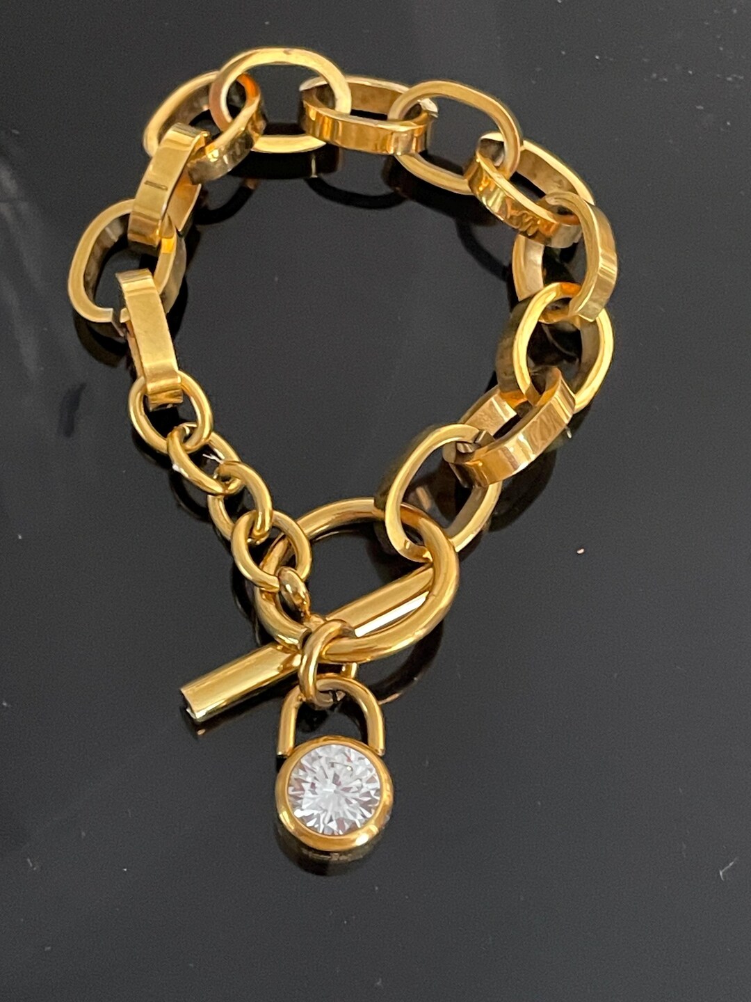 New CZ Toggle Padlock Chain Link Bracelet Gold Plated Rare - Etsy