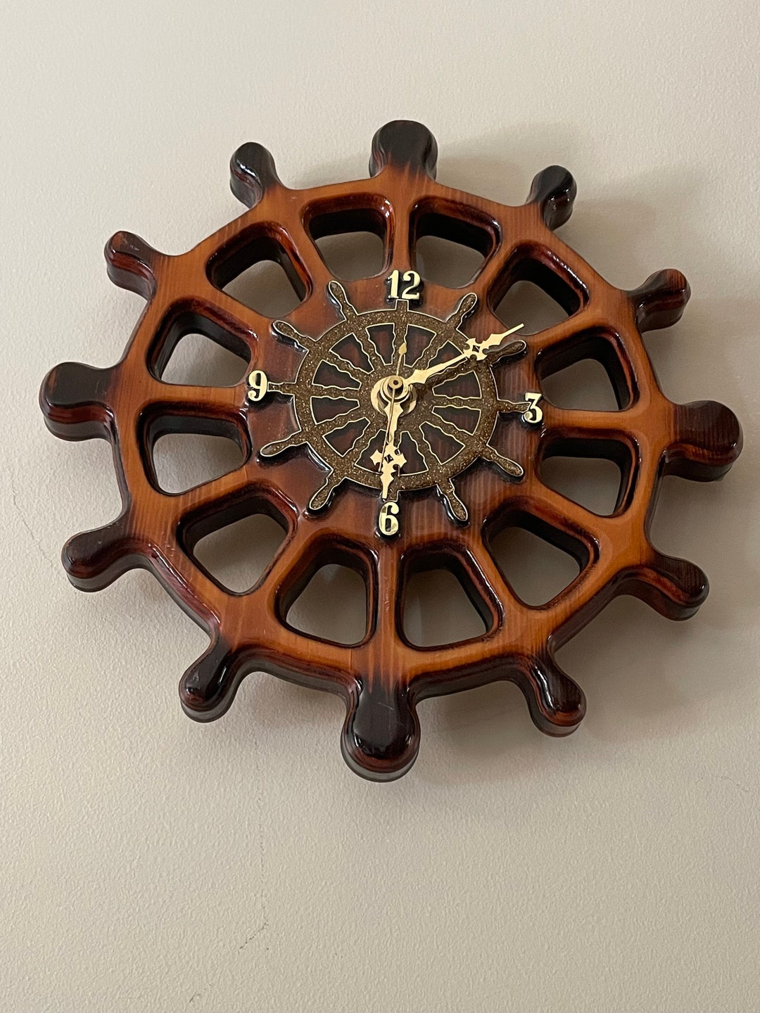 Ships Wheel Shaped Wooden Handmade Clock Quartz 10”. - Etsy