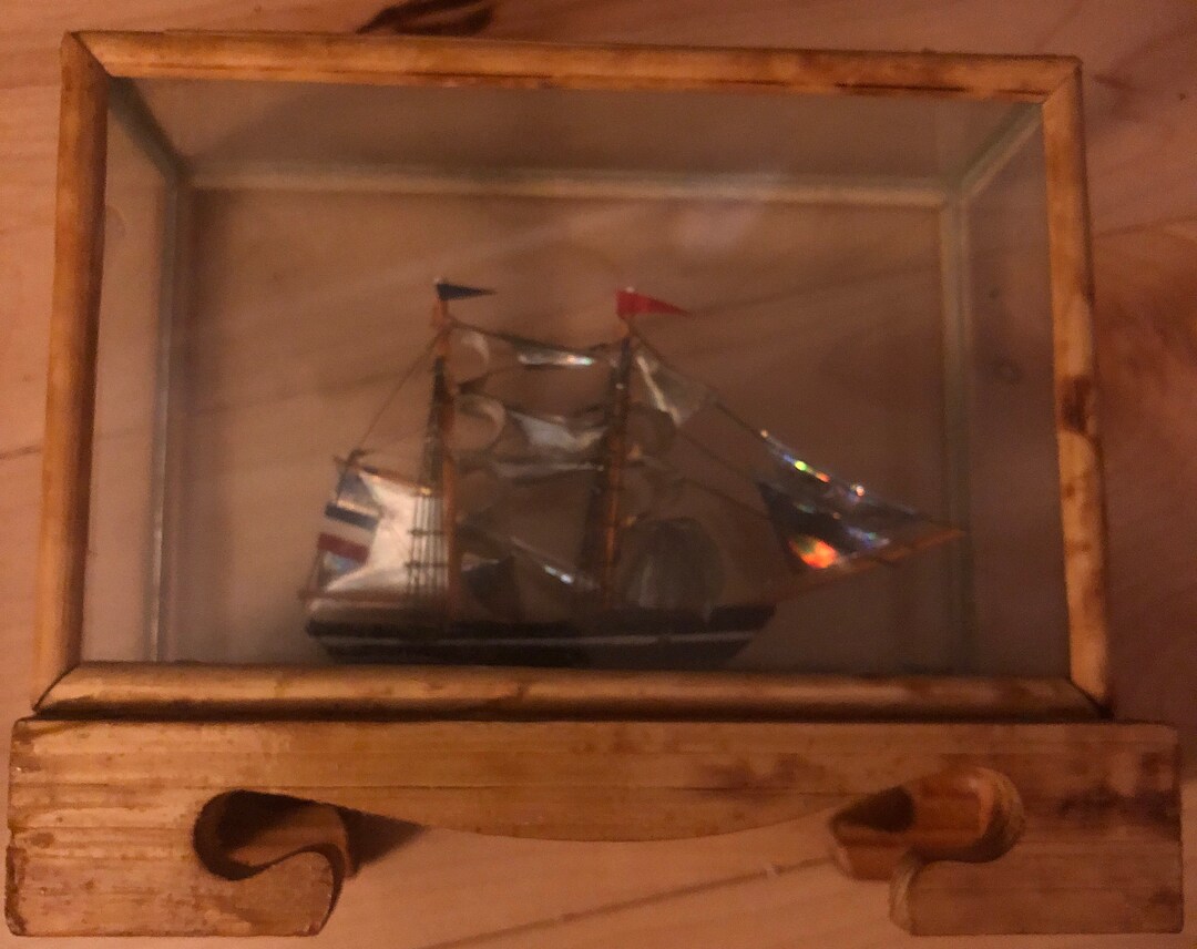 Sailing Ship in Glass Box. Iridescent Foil Sails-vintage Miniature Ship ...