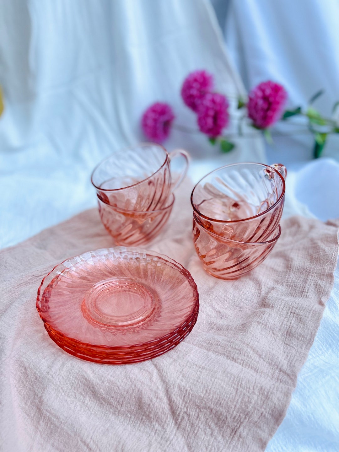 Pink Vintage Glass Tea Cup and Saucer Set of 4, Vintage Pink Glass ...